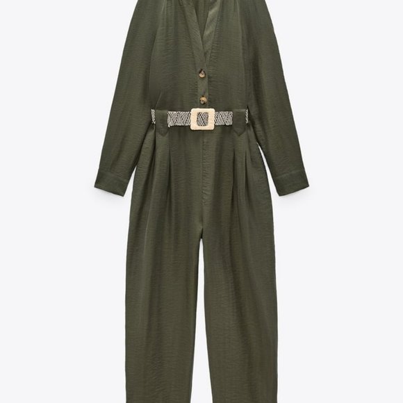 Zara | Pants & Jumpsuits | New Zara Long Belted Jumpsuit Dark Khaki Ref 356464 Xs | Poshmark